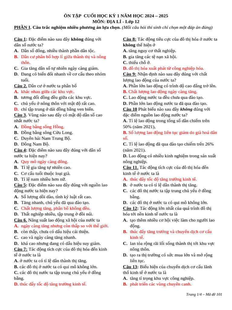 Địa lí 12 - ON TAP - HK1 24-25 - dap an | PDF