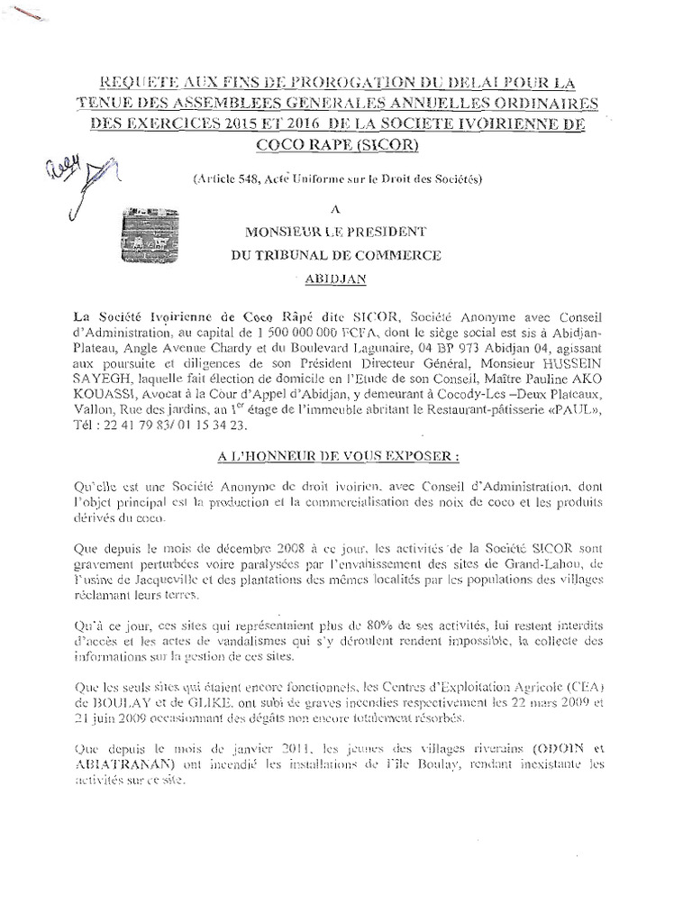 Communique - Prorogation Du Delai de Tenue de Lassemblee Generale Ordinaire - Sicor Ci | PDF