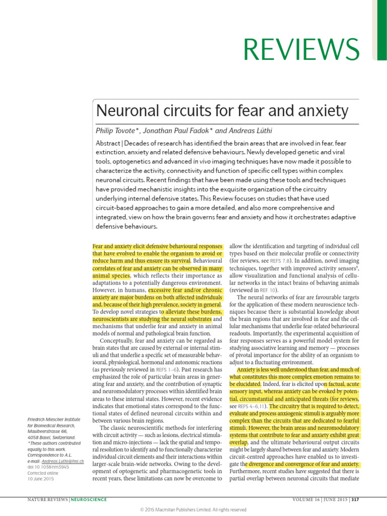 Neuronal circuits for fear and anxiety | PDF | Classical Conditioning | Fear