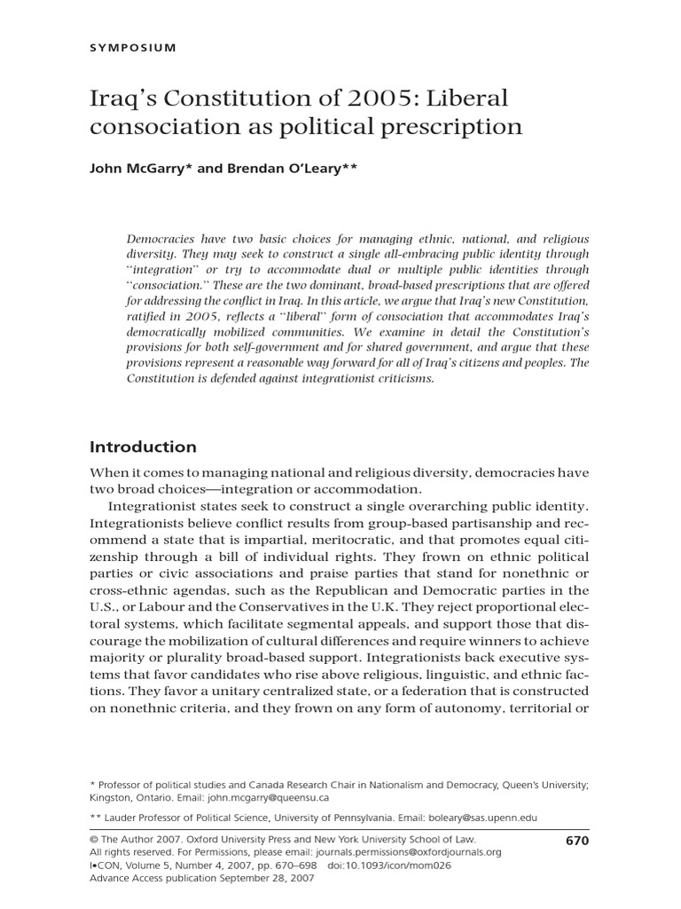 Iraq's 2005 Constitution: Liberal Consociation | PDF | Iraqi Kurdistan ...