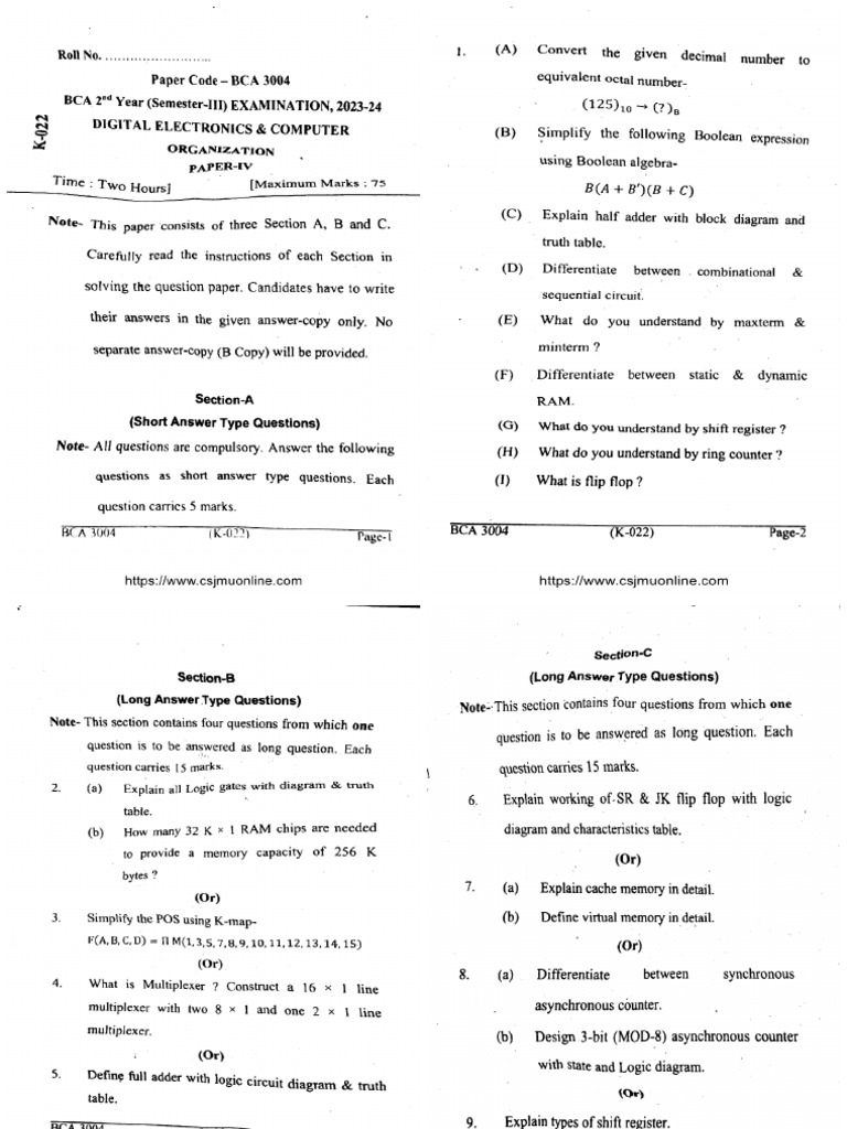 Bca 3 Sem Digital Electronics and Computer Organization Bca 3004 2024 | PDF Bca 3 Sem Digital Electronics and Computer Organization Bca 3004 2024 | PDF