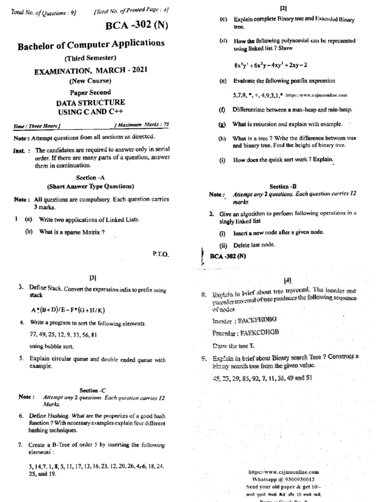 Bca 3 Sem Data Structure Using C and CPP Bca 302 N Mar 2021 | PDF