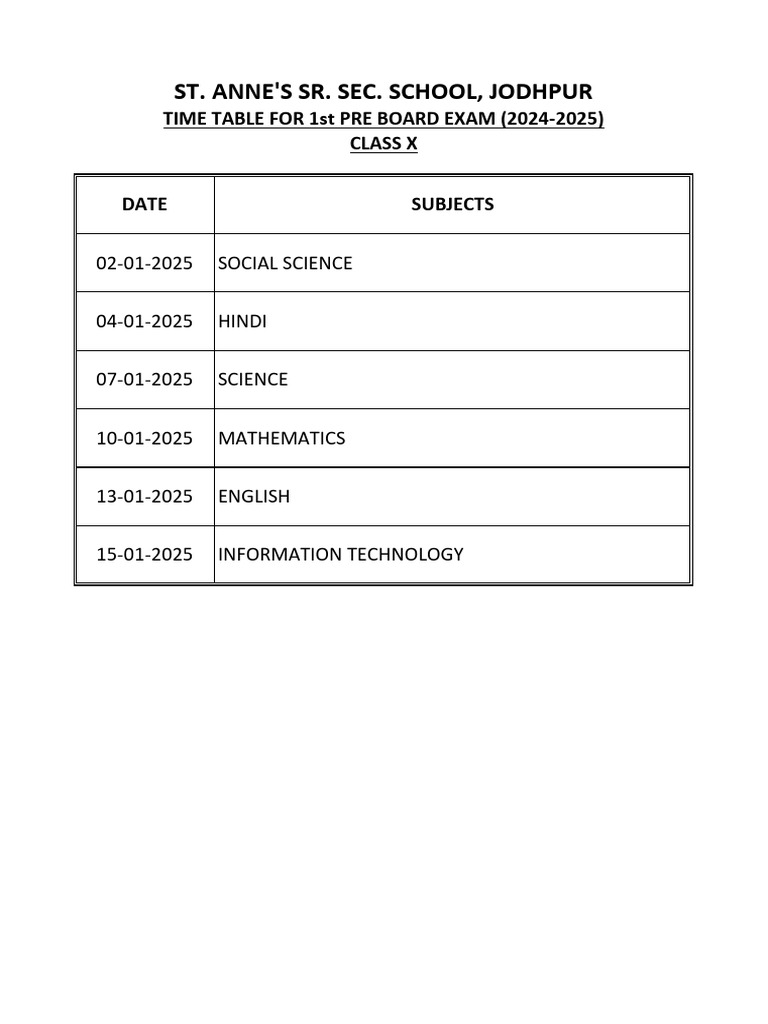 Class X - Time Table For 1st Pre Board Exam (2024-25) | PDF