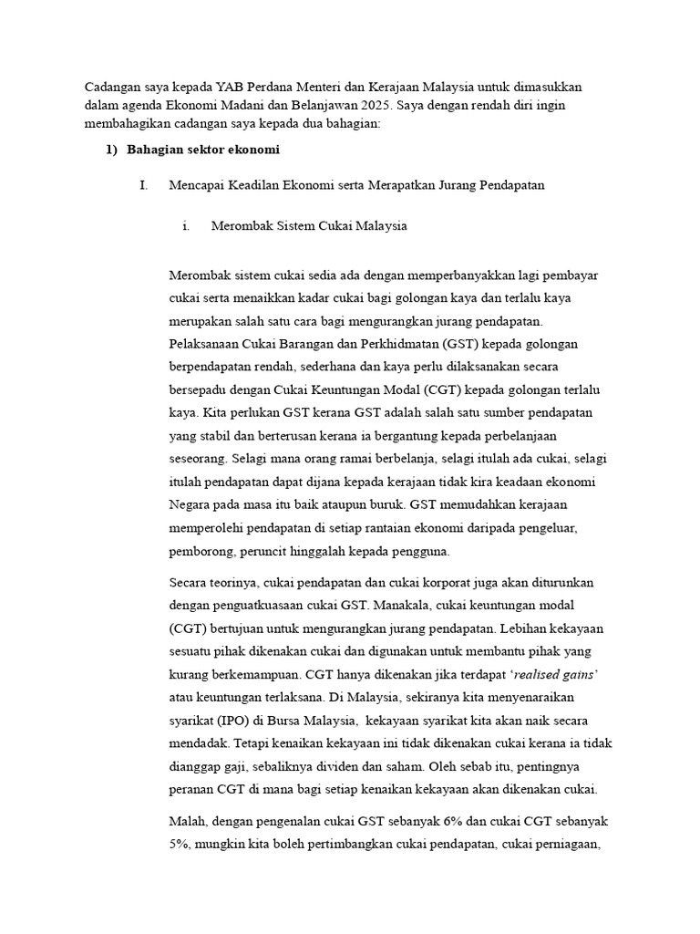 Cadangan saya kepada YAB PMX dalam Belanjawan 2025 pdf | PDF