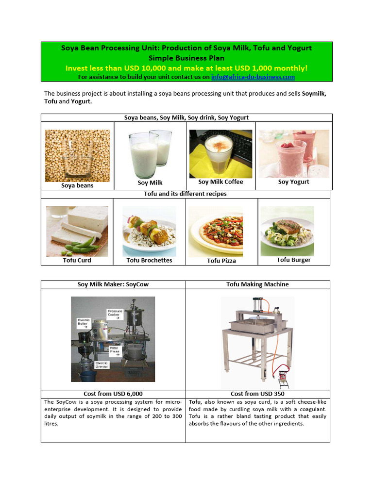 Soya Processing Unit Business Plan Soycow | PDF | Soy Milk | Tofu