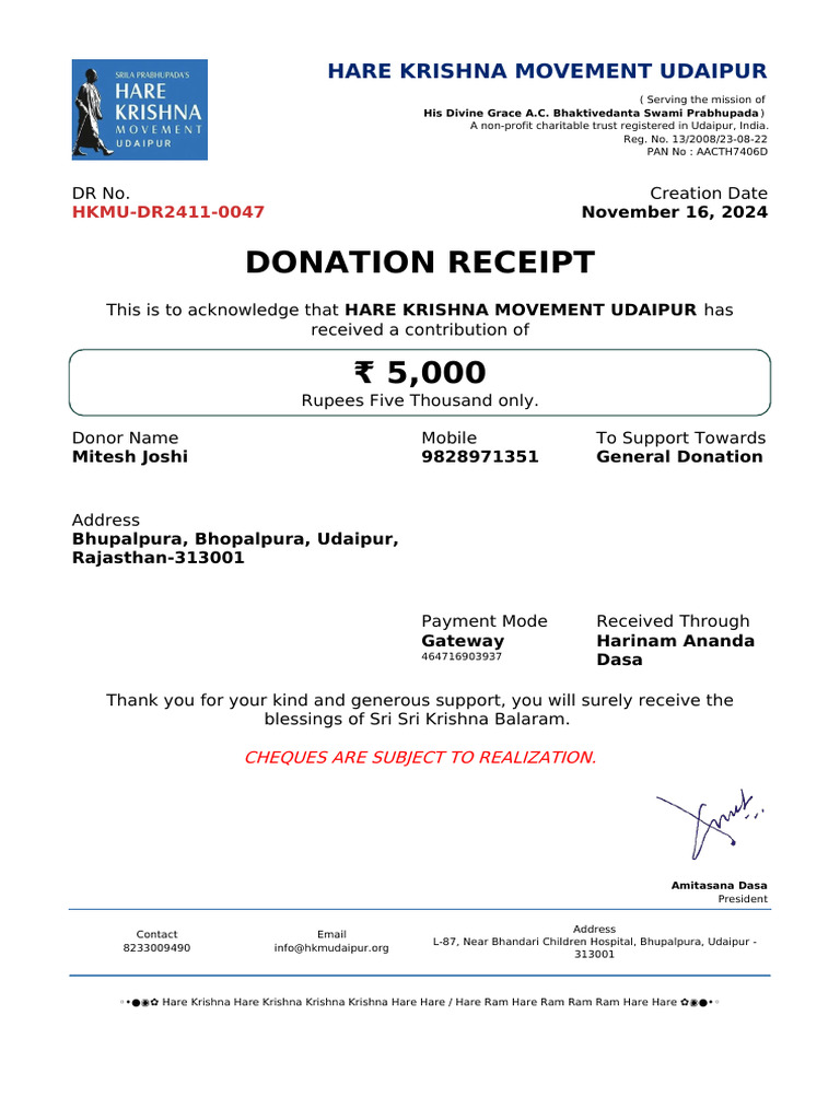 Donation Receipt - Hare Krishna Udaipur | PDF | Vaishnava Texts ...