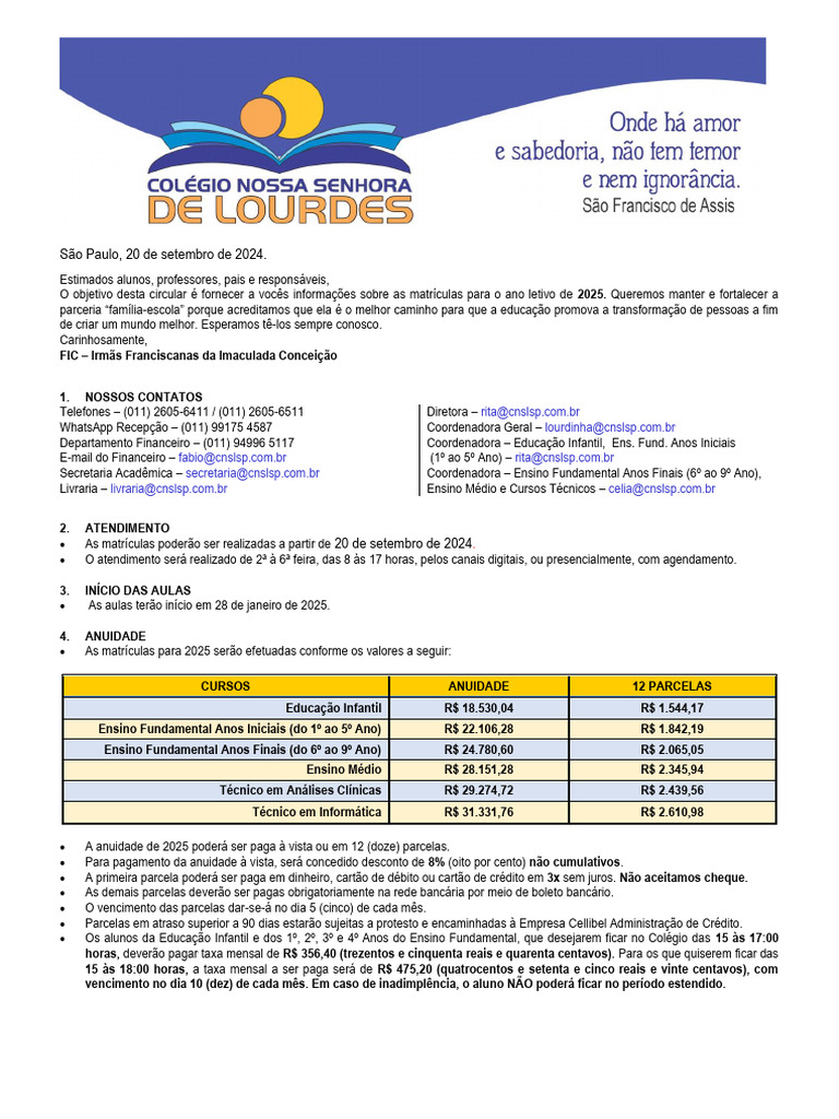 CIRCULAR DE MATRÍCULA - 2025 | PDF | Cartão de crédito | Cheque (banco)