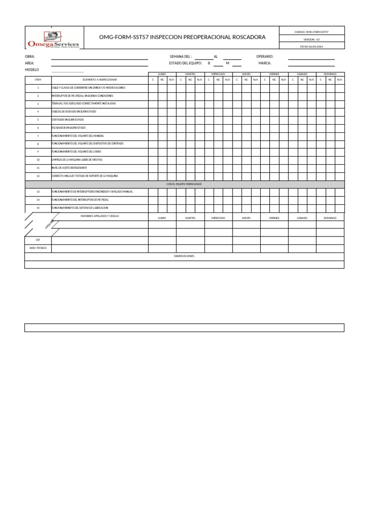 Inspección Preoperacional Roscadora | PDF
