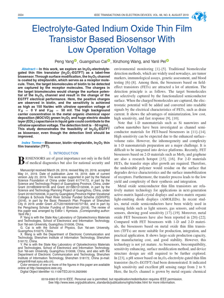 Electrolyte-Gated Indium Oxide Thin Film Transistor Based Biosensor With Low Operation Voltage ...