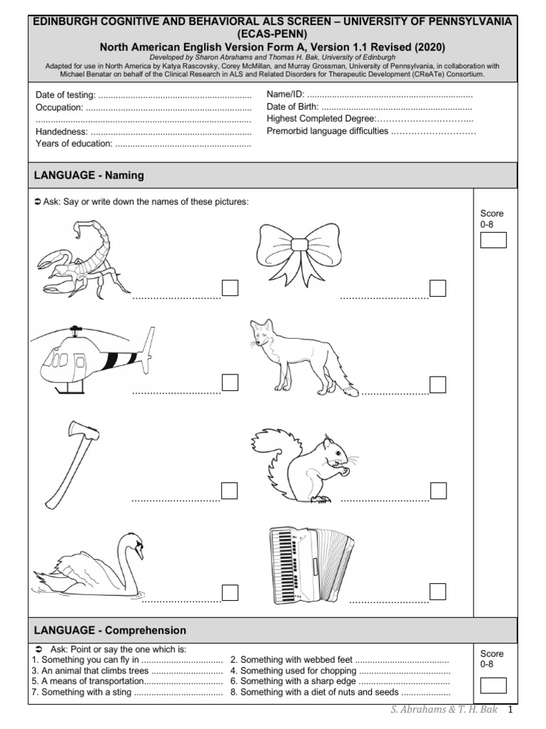 ECAS-PENN Assessment Form A | PDF | Cognition | Linguistics