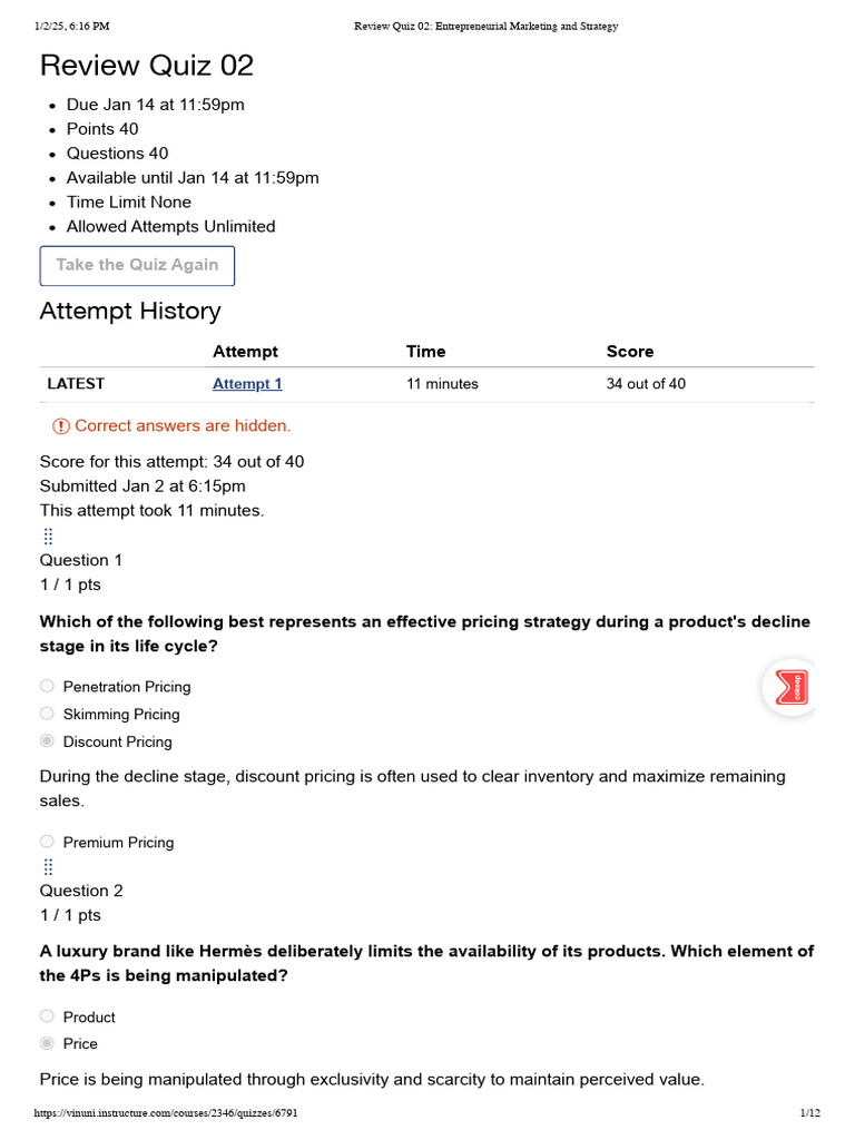 Review Quiz 02 - Entrepreneurial Marketing and Strategy | PDF | Pricing ...