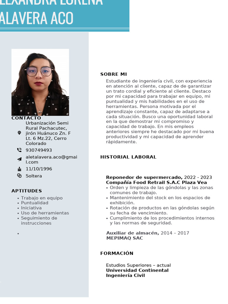 Alexandra Lorena - Talavera Aco - CV | PDF