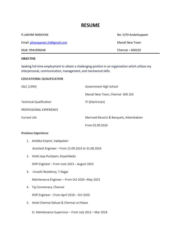 Resume: P.Lakhmi Narayan No: 5/59 Andarkuppam Email: Manali New Town Mob: 9941896648 Chennai ...