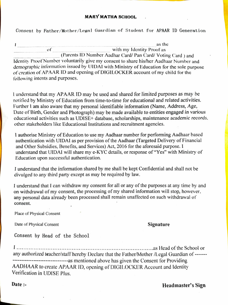 Consent Form for APAAR ID Generation | PDF | Justice | Crime & Violence