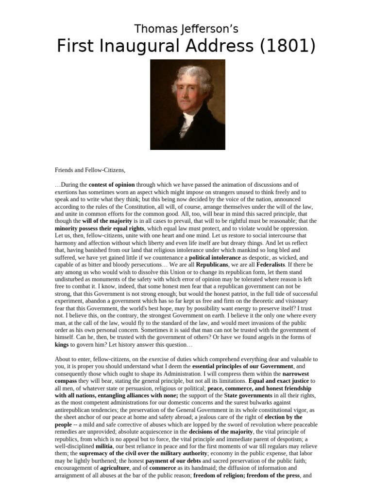 Jeffersons First Inaugural | PDF | Thomas Jefferson