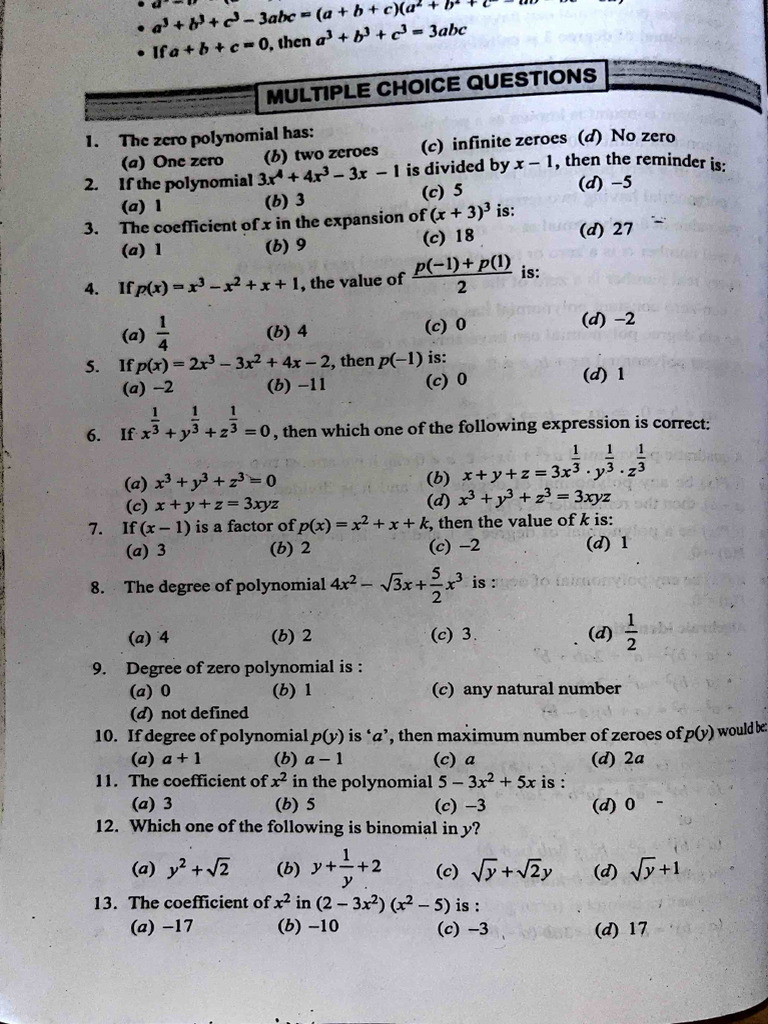 Class - 9 Polynomials MCQ | PDF