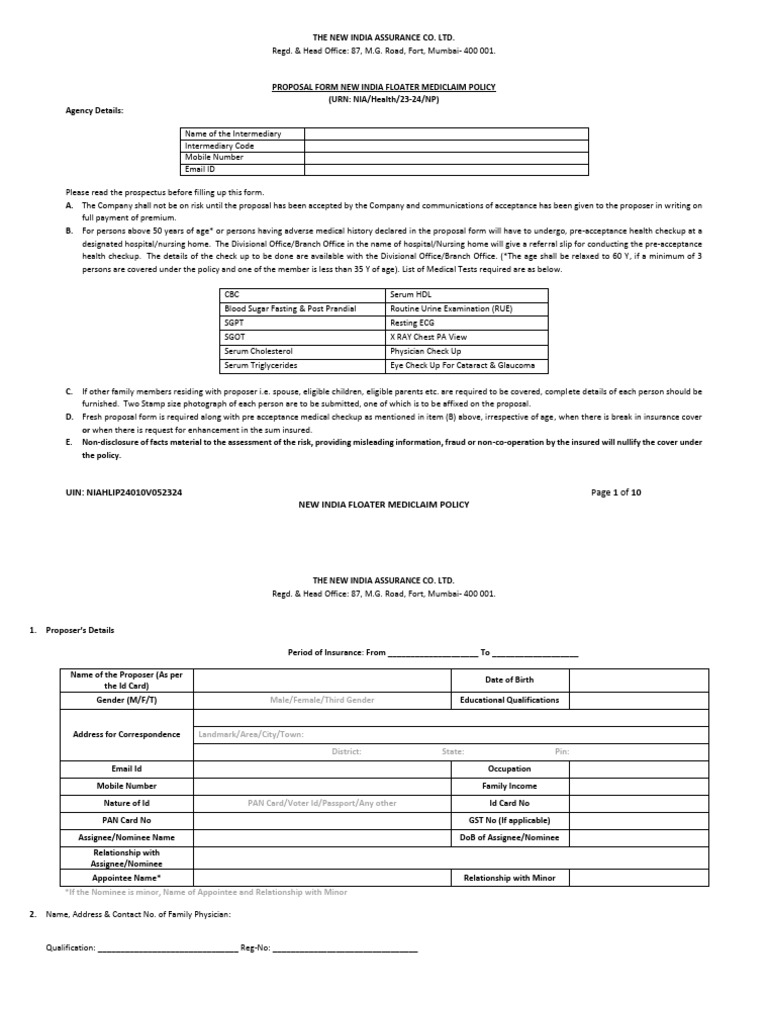 Proposal Form New India Floater Mediclaim Policy | PDF | Insurance ...