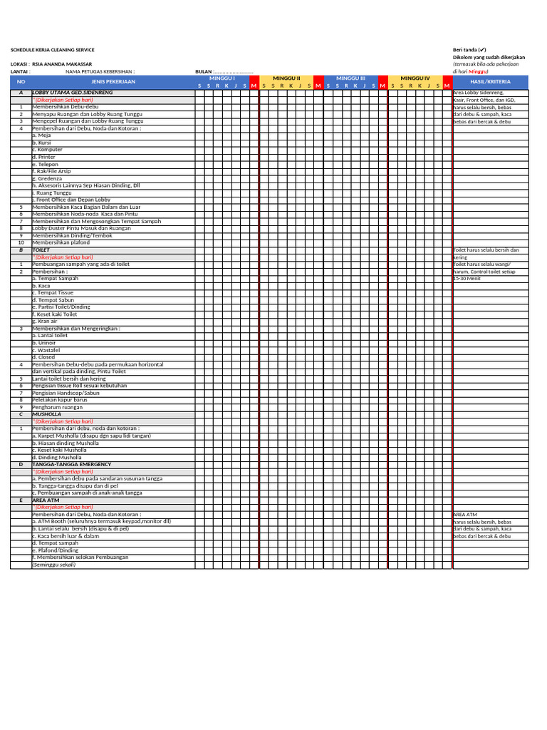 Jadwal Kerja Cleaning Service RSIA Ananda | PDF