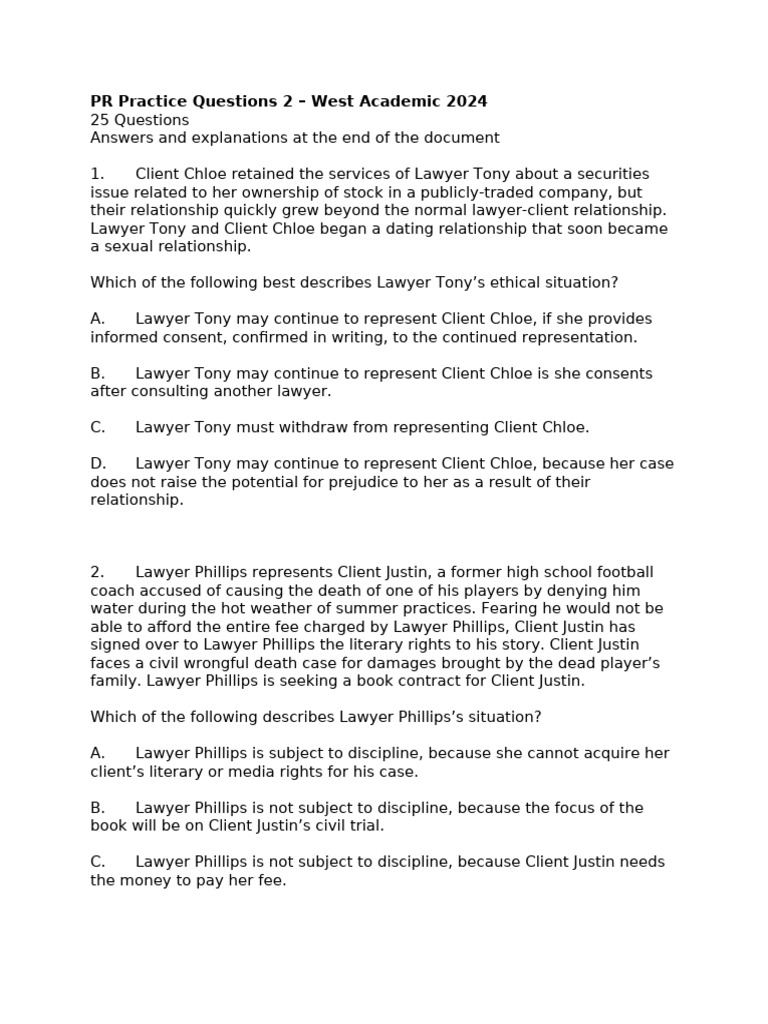 West 2024 Practice Questions 2 | PDF | Attorney–Client Privilege | Confidentiality