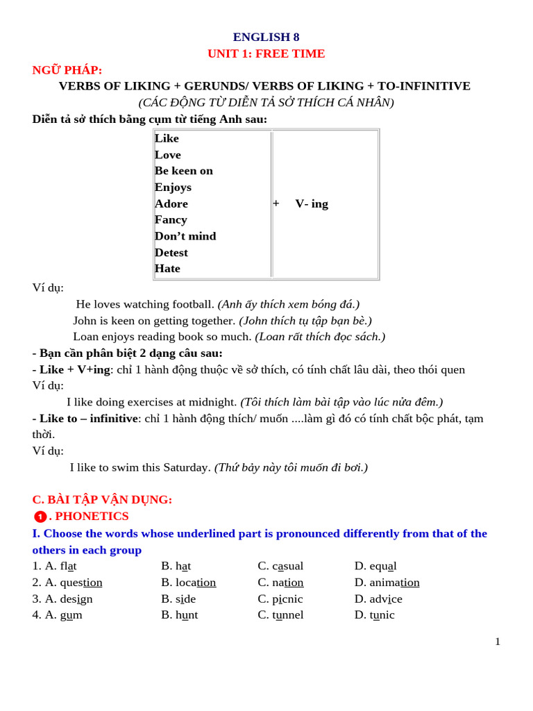 Bài tập Anh 8 theo unit E8 UNIT 1 | PDF