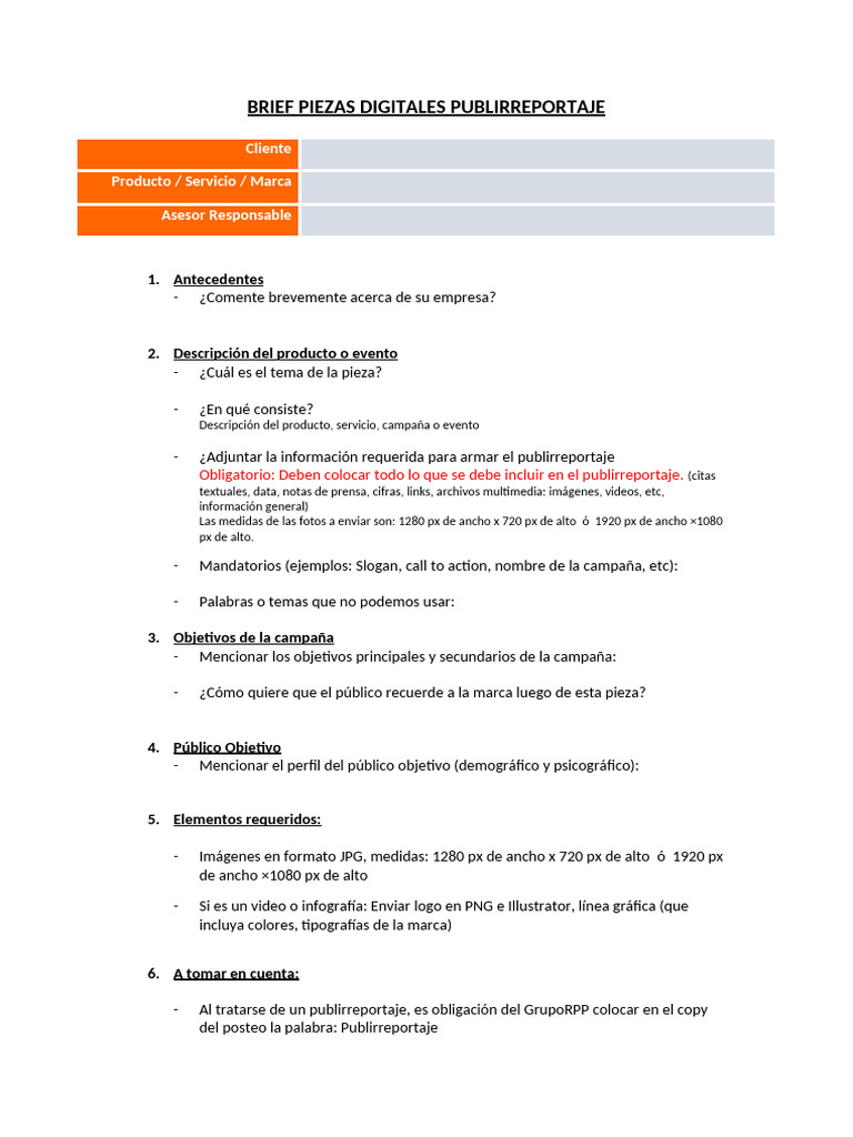 Brief Piezas Digitales de Publireportaje | PDF