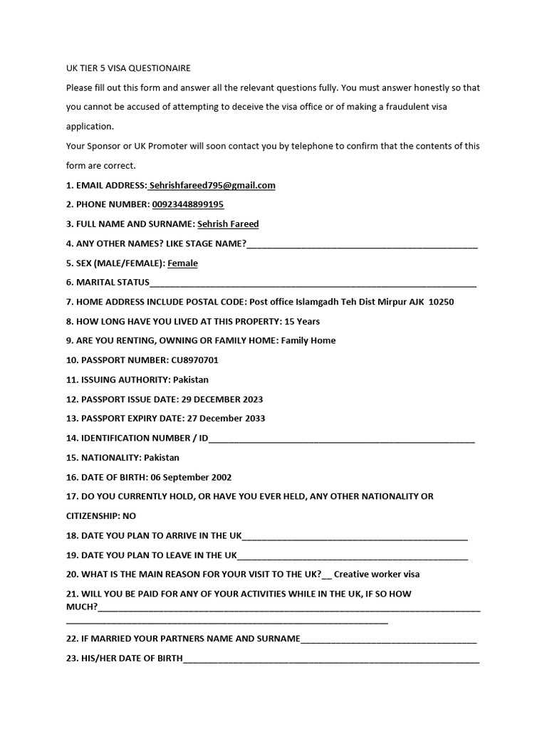 Uk Tier 5 Visa Questionaire 1 | PDF | Travel Visa | International Relations