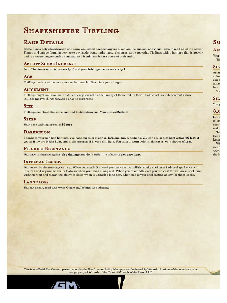 Subrace: Shapeshifter Tiefling - GM Binder | PDF | Role Playing Games ...