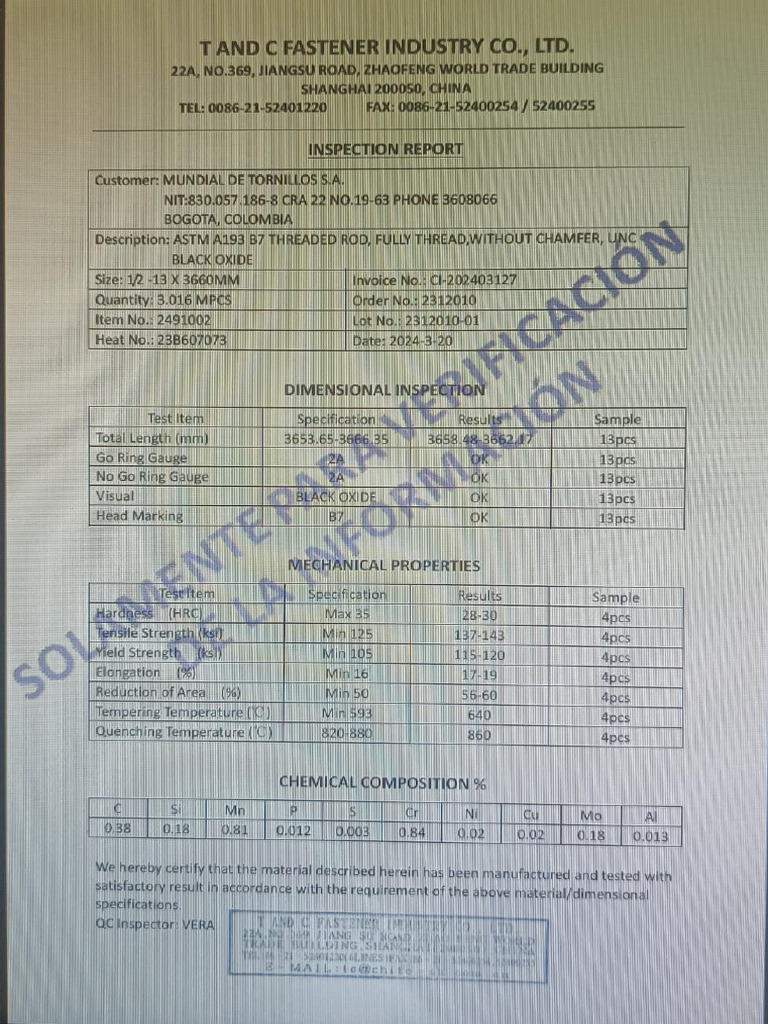 Certificado de Pernos de Anclaje | PDF