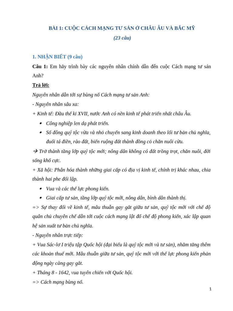 Bai 1 Cuoc Cach Mang Tu San o Chau Au Va Bac My 0 | PDF