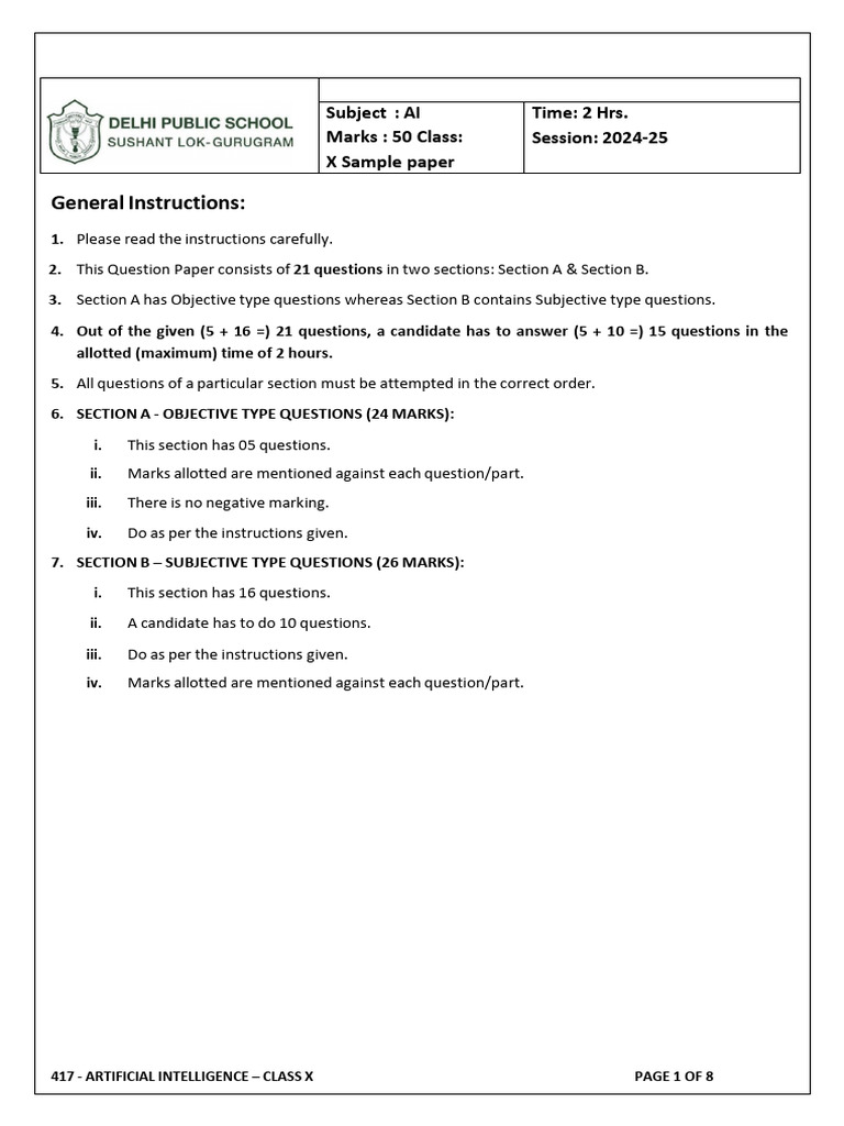 Class 10 AI Sample Paper 2024-25 | PDF | Artificial Intelligence ...