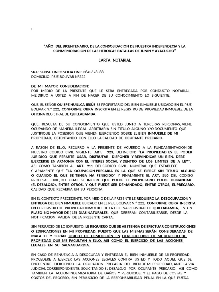 Sense Tinco Sofia Carta Notarial Por Desalojo de Ocupante Precario ...