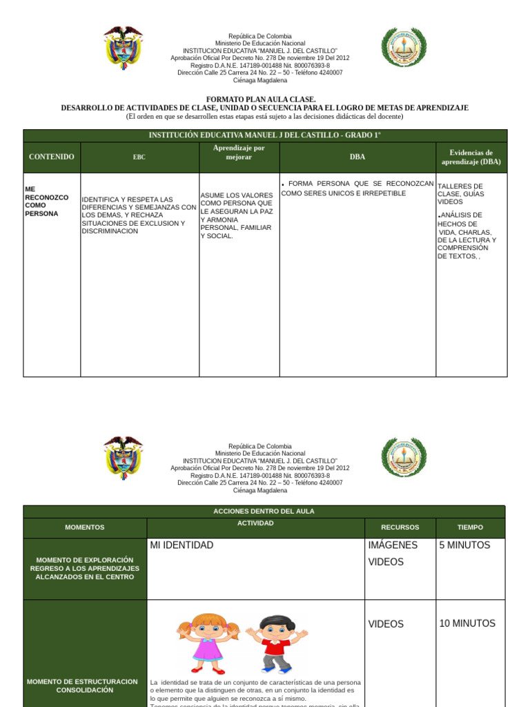 FORMATO PLAN AULA CLASE Etica y Valores | PDF | Aprendizaje | Salón de ...