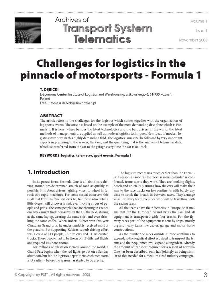 Challenges for logistics in the pinnacle of motorsports - Formula 1 | PDF | Formula One | Telemetry