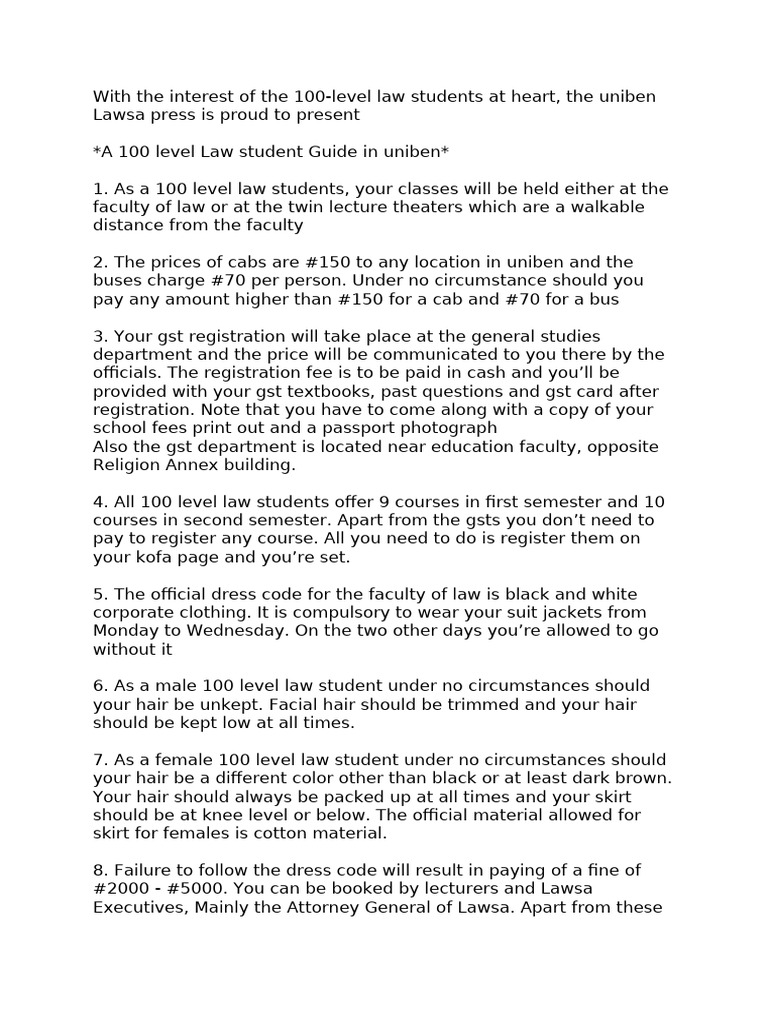 100-Level Law Student Guide at UNIBEN | PDF
