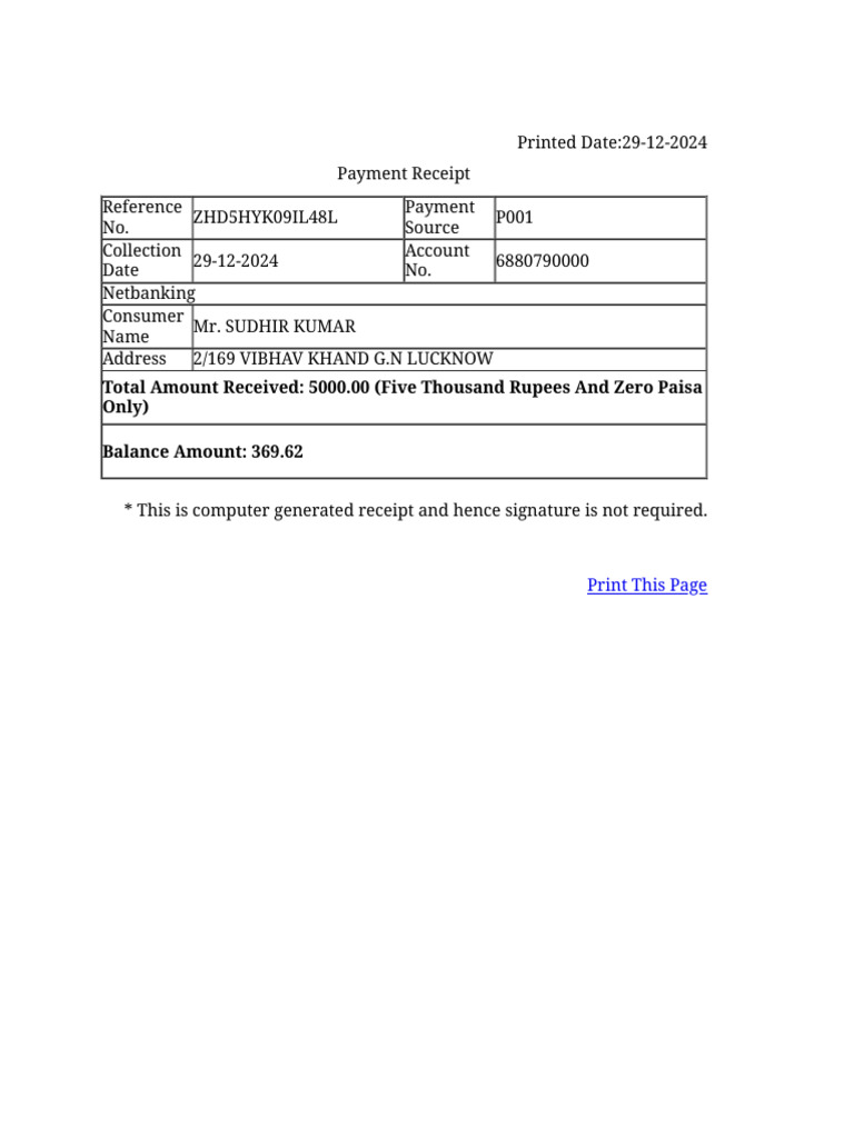 Payment Receipt for Sudhir Kumar | PDF