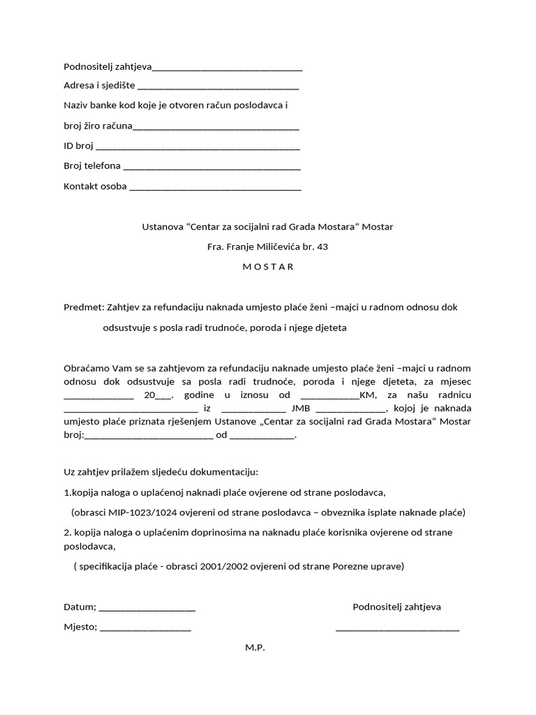 Zahtjev za refundaciju naknade umjesto plaće ženi majci koja je u radnom odnosu | PDF