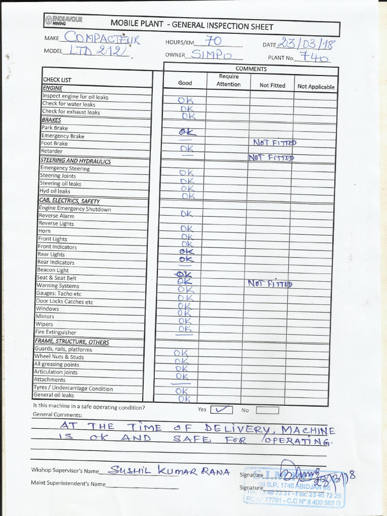 Mobile Plant - General Inspection SHEET Pour Les Compacteurs | PDF