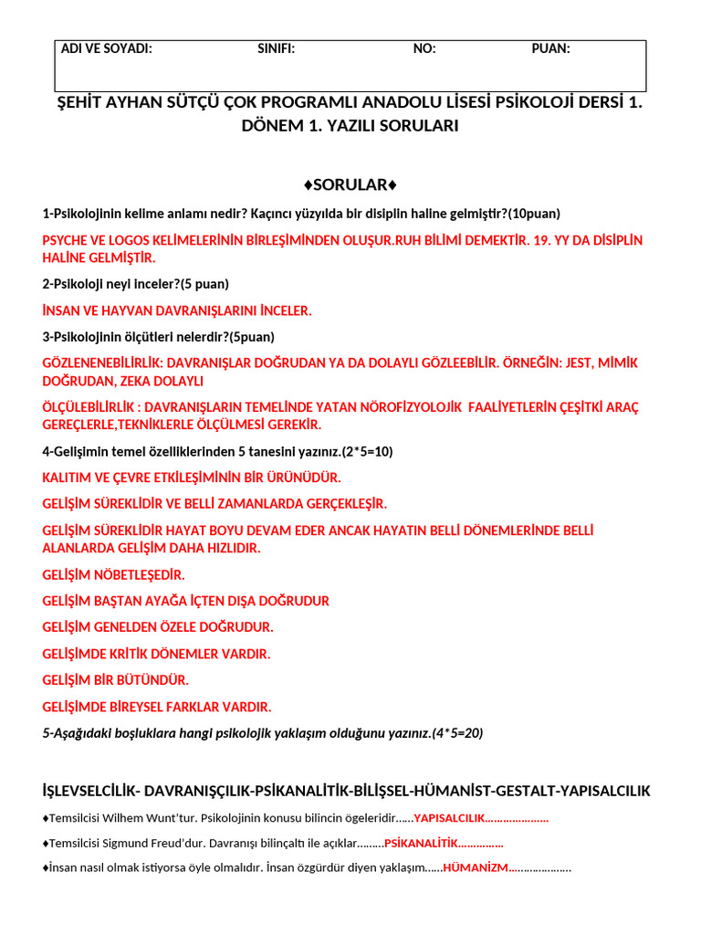 Sinif Psikoloji 1. Donem 1. Yazili Sinav Sorulari Ve Cevaplari 2022 2023 | PDF