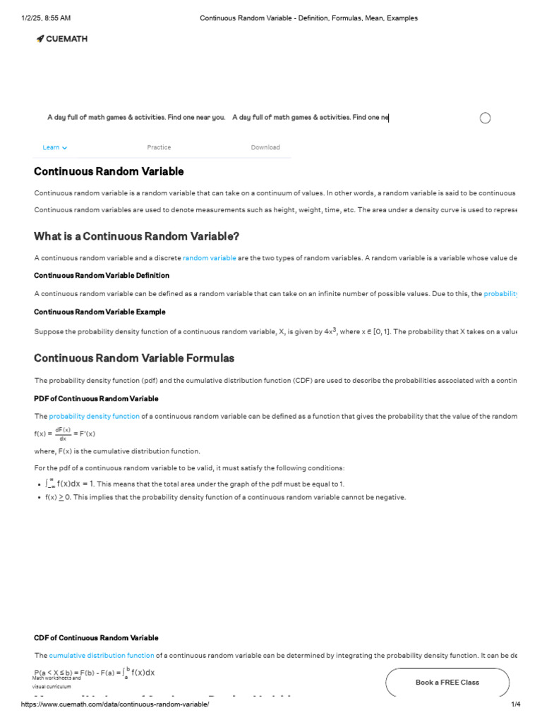 Continuous Random Variable - Definition, Formulas, Mean, Examples | PDF | Probability ...