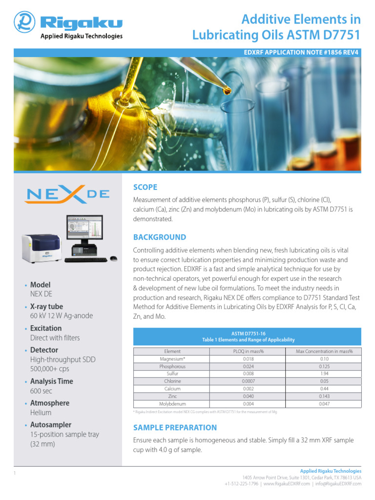 1856 Rev4 Rigaku NEX DE Lube Oils by ASTM D7751 2024 03 | PDF | Detection Limit | Energy ...