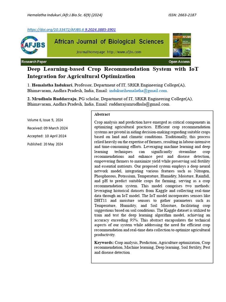 Deep Learning-Based Crop Recommendation System With Iot Integration For Agricultural ...