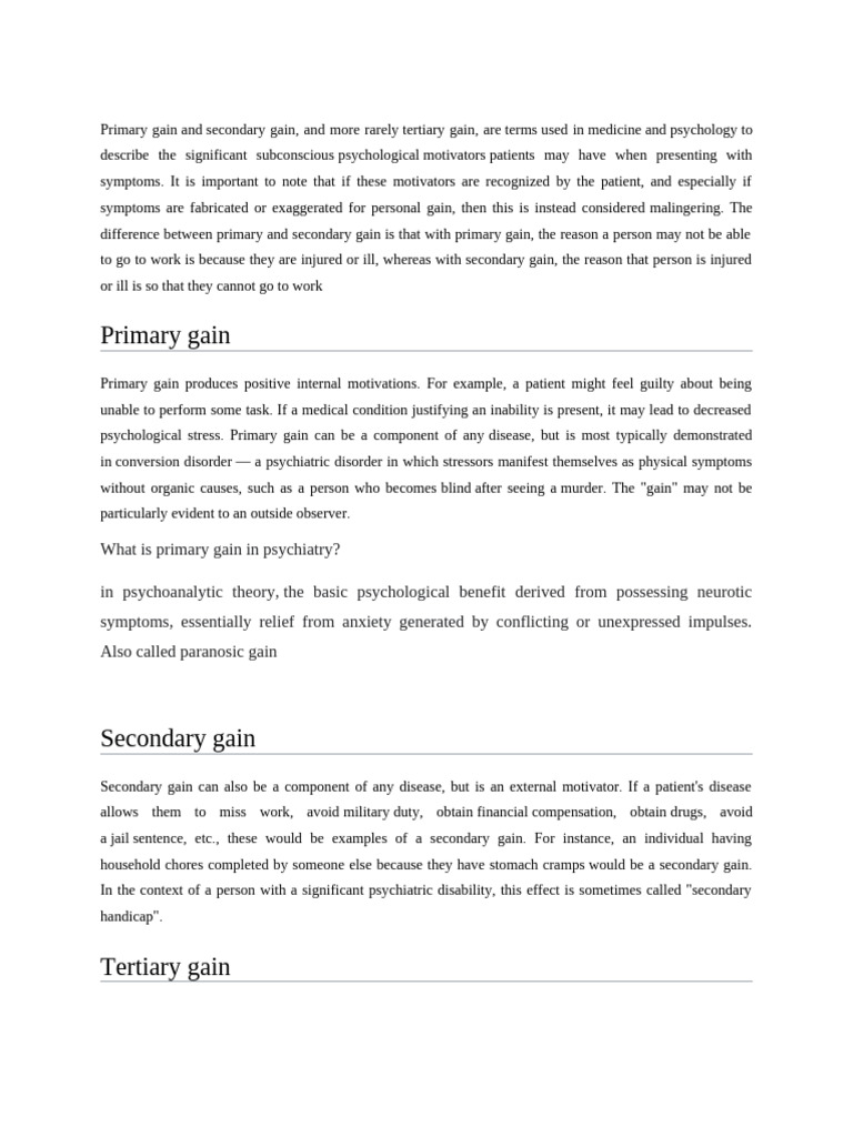Primary vs Secondary Gain in Psychology | PDF | Medical Specialties ...