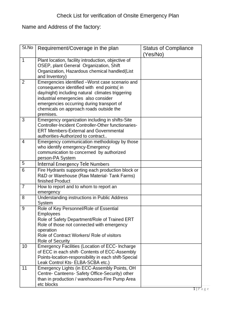Check List For Onsite Emergency Plan and Mock Drill | PDF | Emergency ...