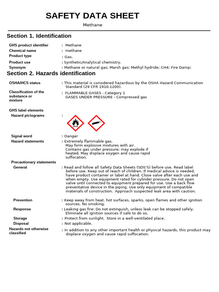 Methane SDS | PDF | Dangerous Goods | Waste Management