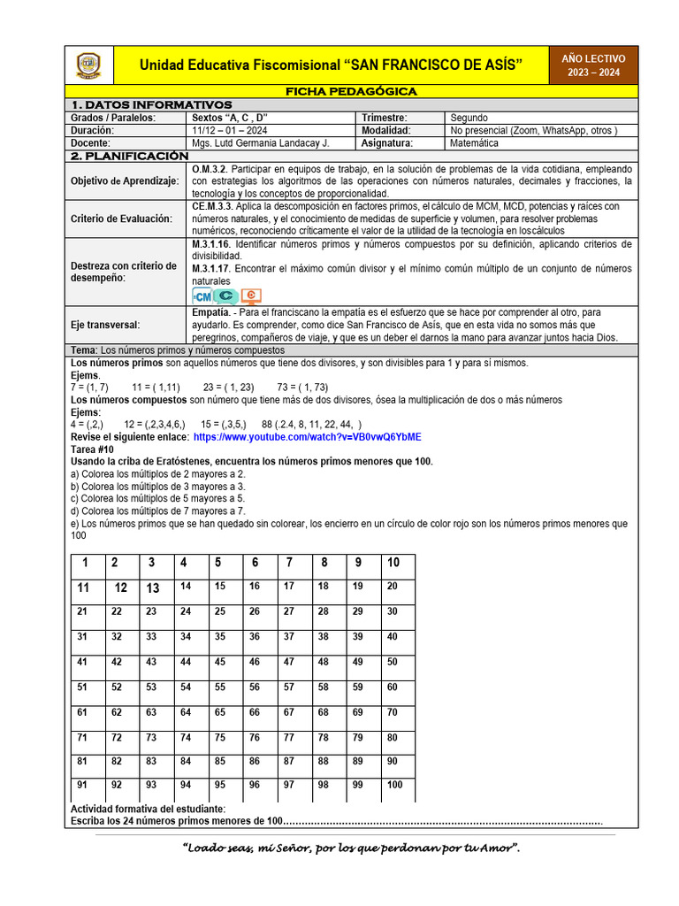 Ficha Pedagógica Matematica | PDF | Aritmética | Matemática Elemental