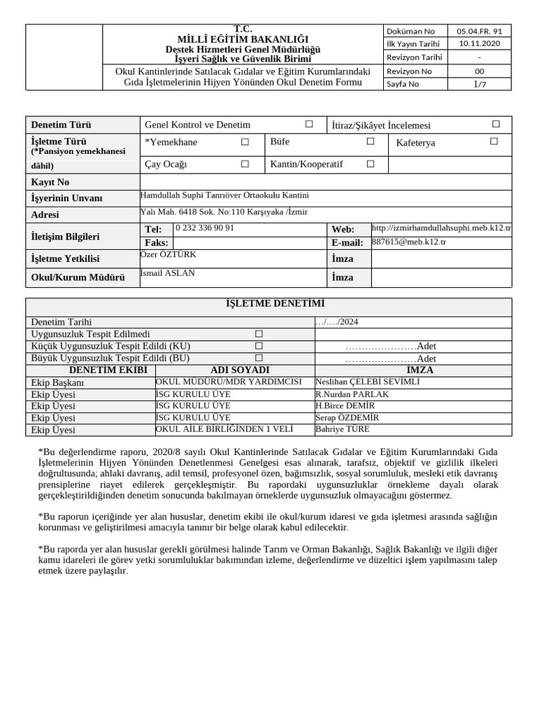 okul kantin denetleme formu-2024-güncel | PDF