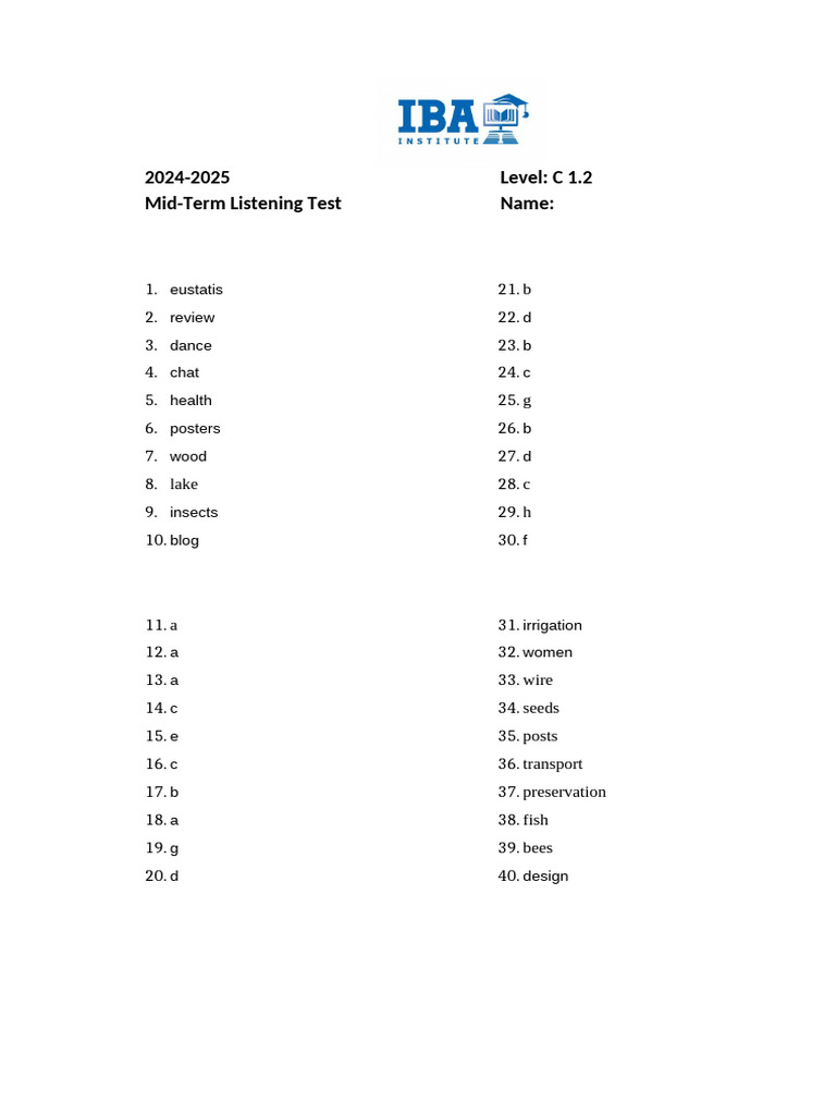 c1-2 Mid-term Listening Answer Sheet | PDF
