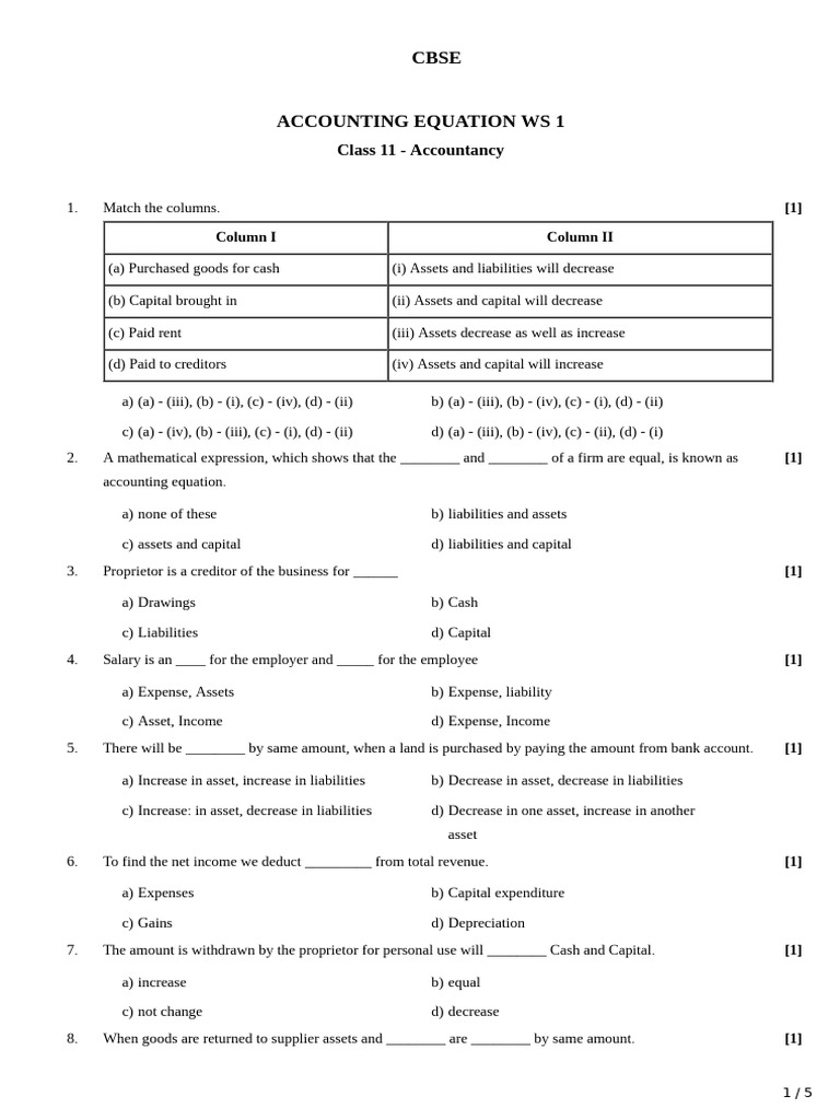 Class 11 Accounting Equation Worksheet | PDF | Debits And Credits | Expense