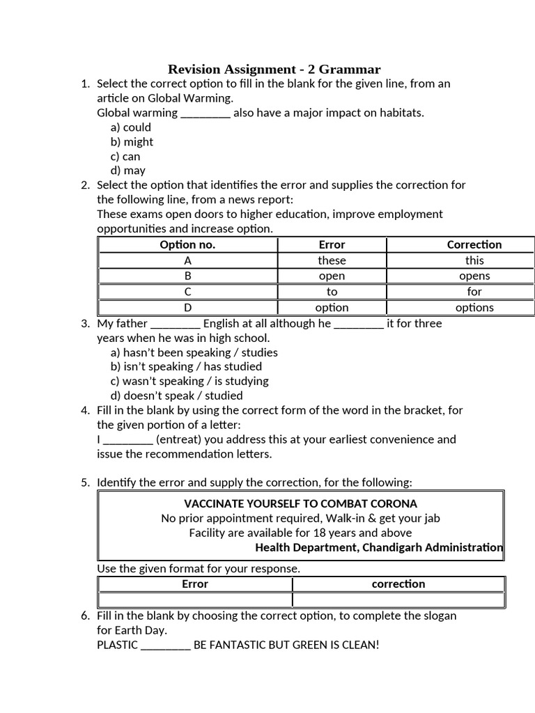 ENGLISH - Revision Assignment - 2 Grammar Class X | PDF