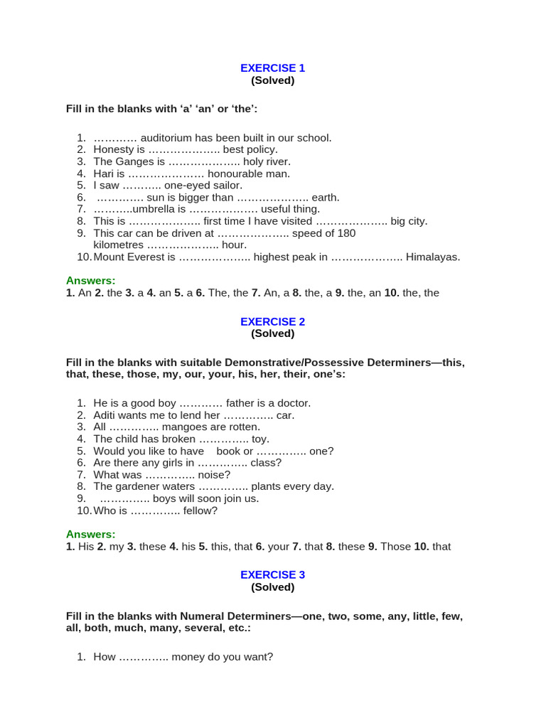 Revision Exercise Grammar Determiners | PDF